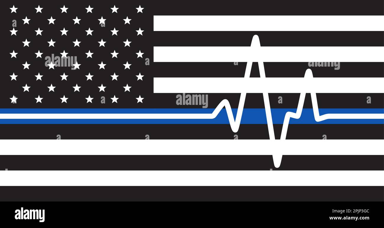 Black and white US Flag with blue line and heartbeat symbol. US emergency medical services flag ...