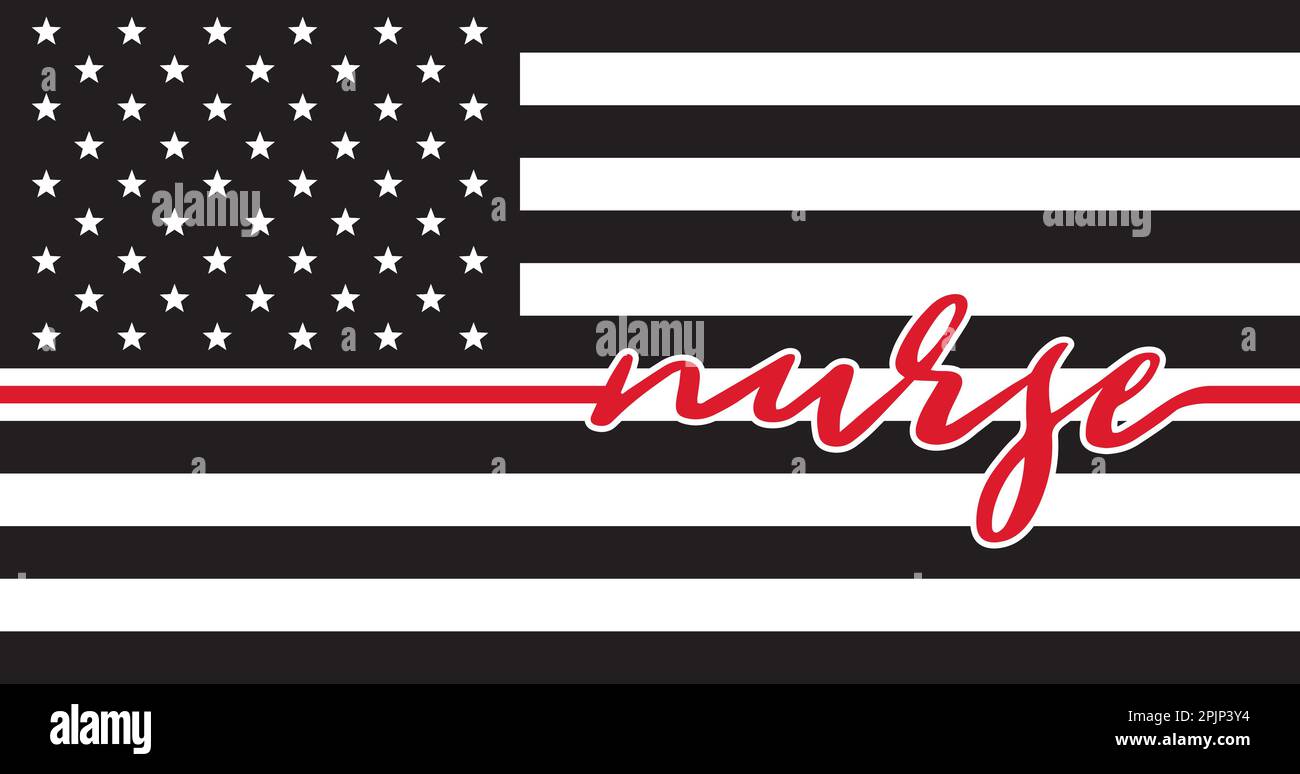 Black and white US Flag with thin red line. Nurse word. US registered ...