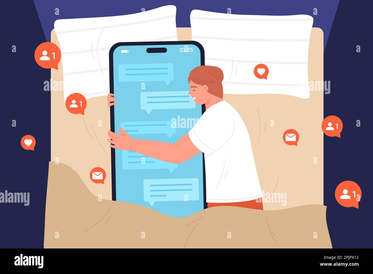 Happy young man hugging phone at night vector illustration. Cartoon ...