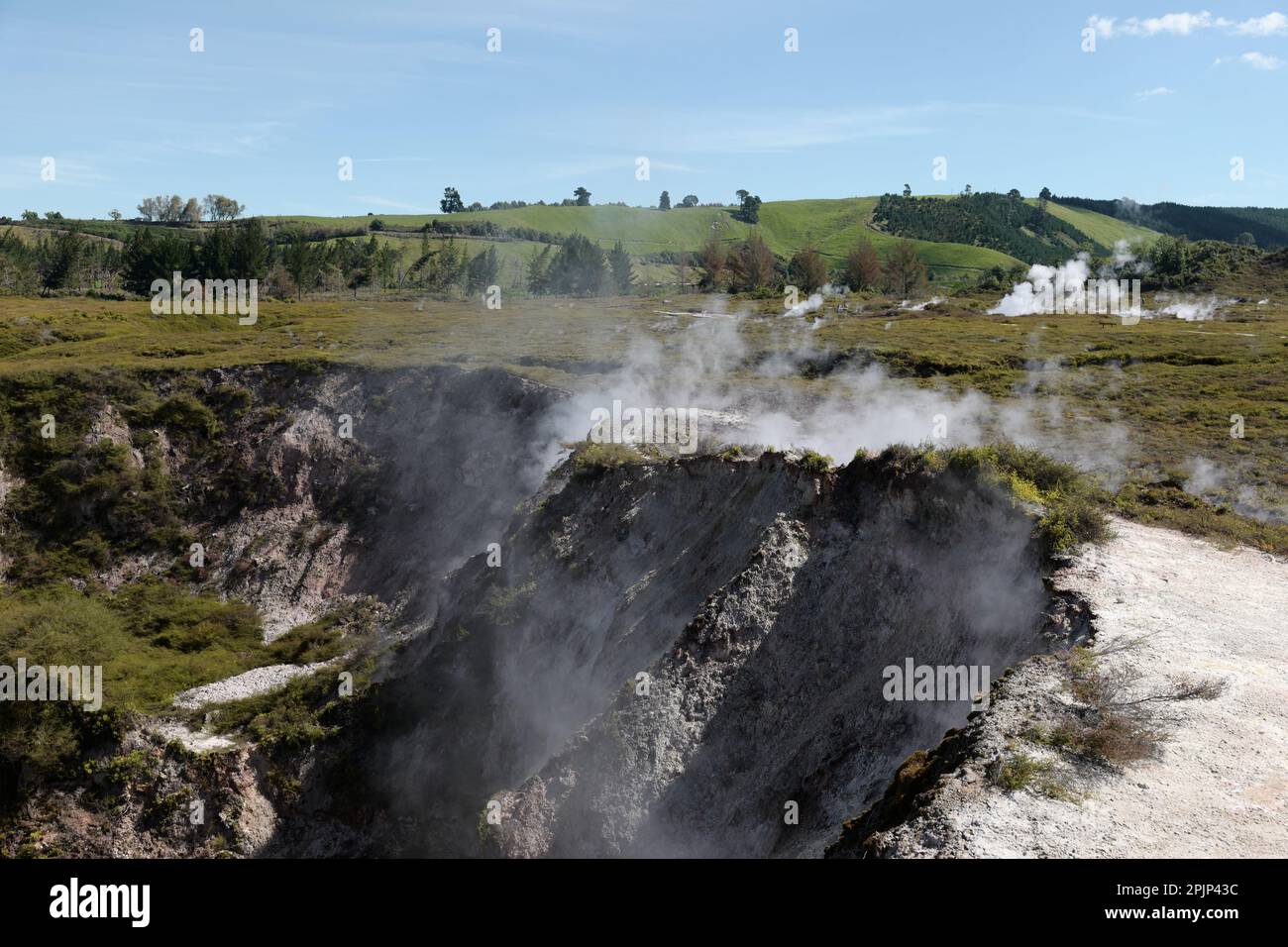 Fields with steam from volcanic activity near Taupo in New Zealand ...