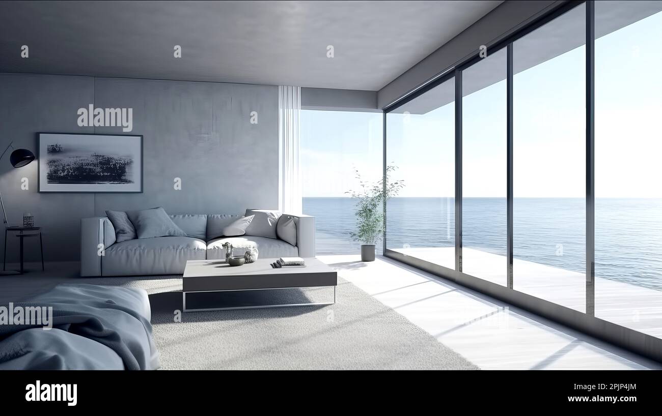 Modern bright room with large windows and sea view. Illustration Stock ...