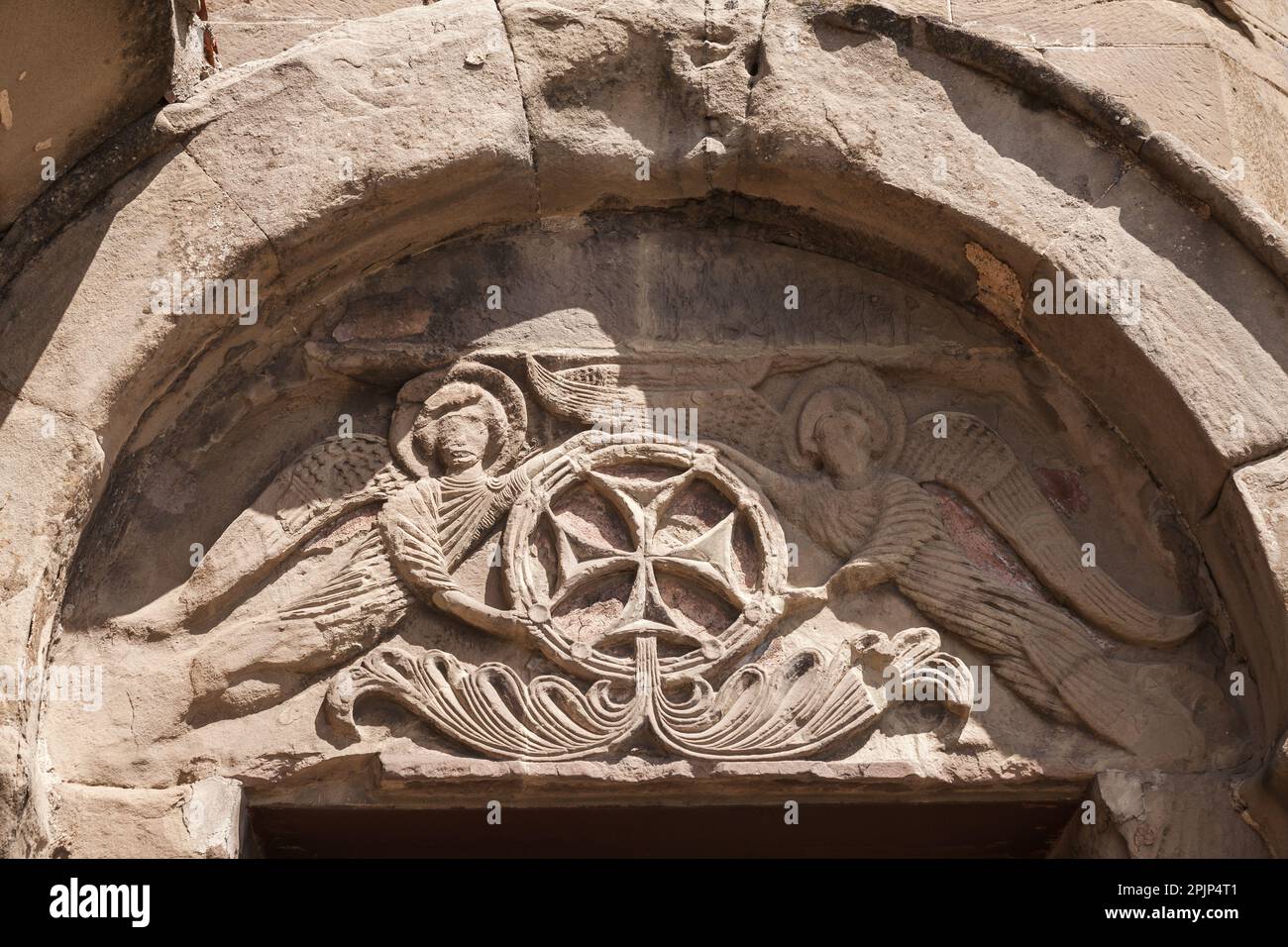 Stone carvings with cross. Exterior details of Jvari Monastery, it is a ...