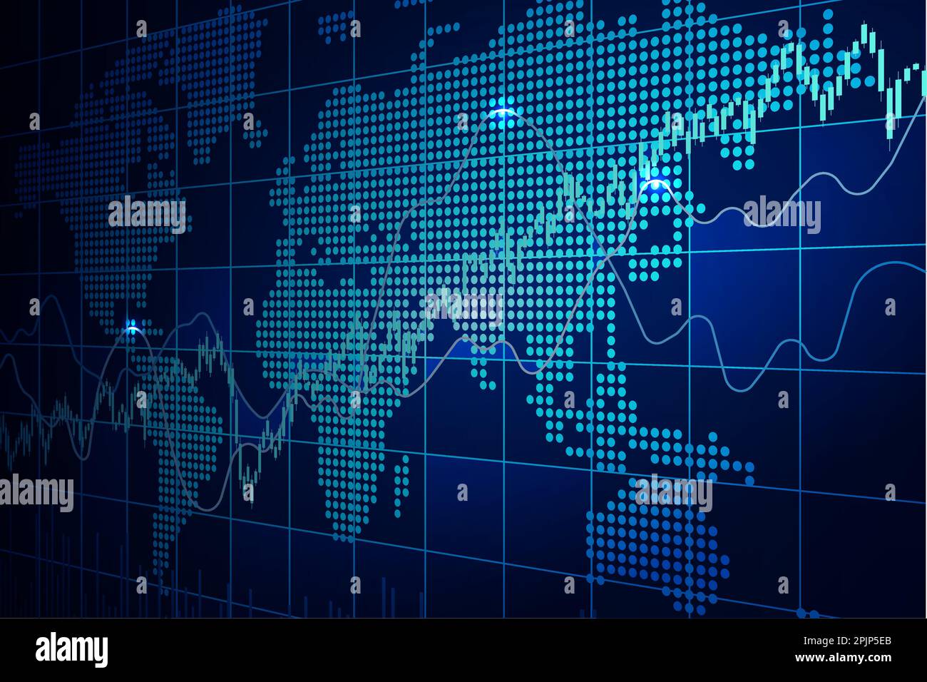 World stock market index graph. Perspective view. Candlestick chart, line graph and bar chart ...