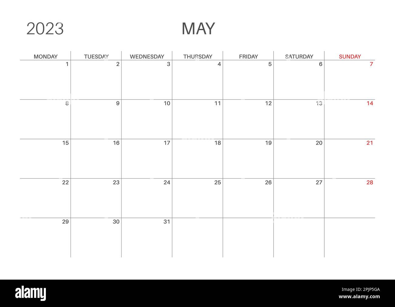 Horizontal monthly calendar. May calendar template. Monday start. A4 ...