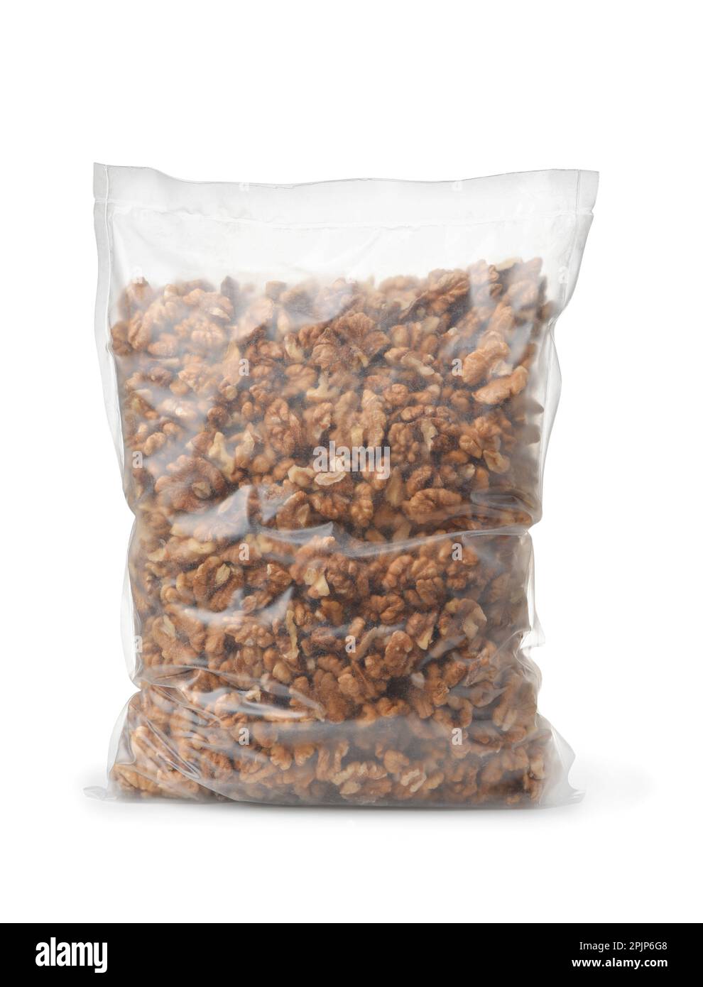 Front view of shelled walnut kernels in transparent plastic bag ...