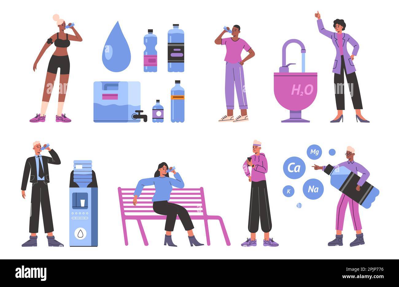 Cartoon people drink water. Use of clean drinkable aqua. Healthy ...