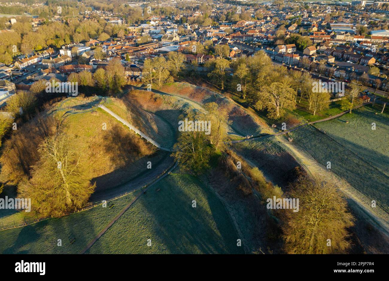 Aerial view of Castle Hill, Thetford, a man made earthwork mound or ...