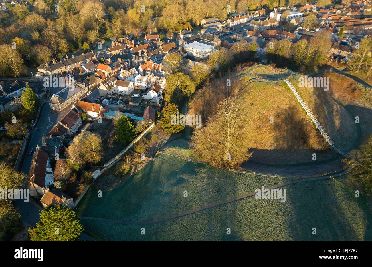 Aerial view of Castle Hill, Thetford, a man made earthwork mound or ...