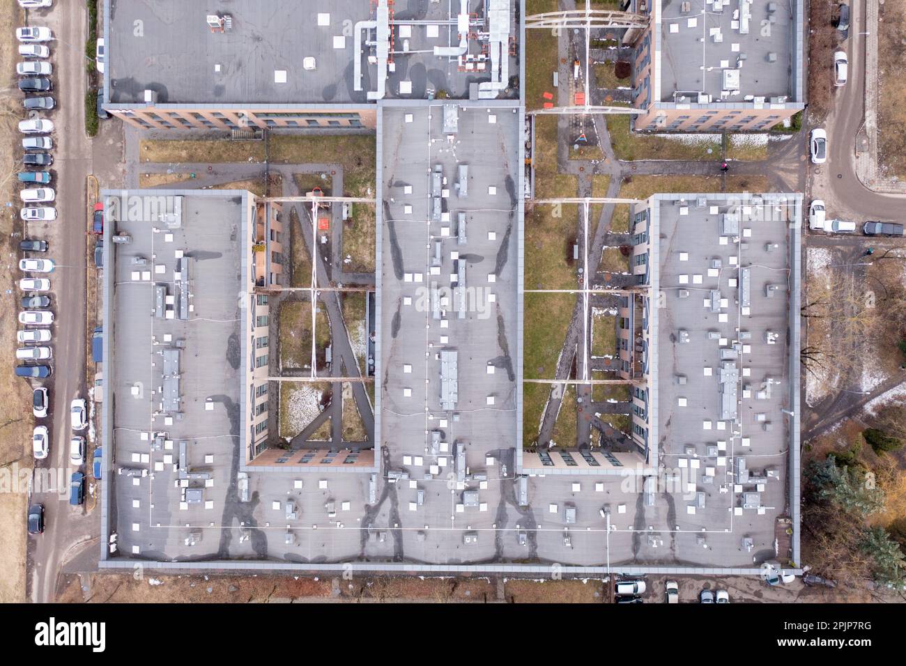 Drone photography of apartment block complex during spring morning ...