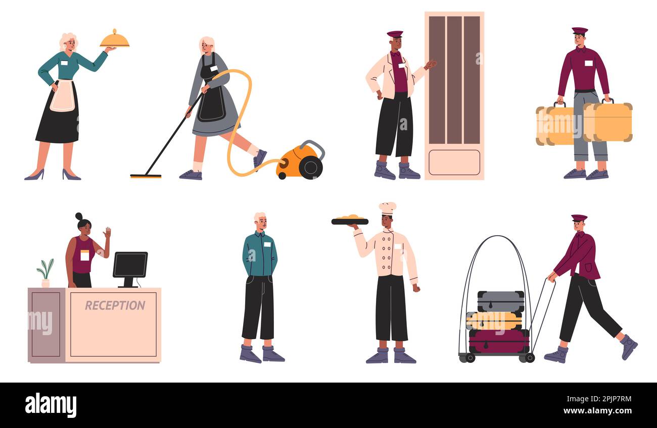 Cartoon hotel staff. Professional guesthouse employees. Managers and ...
