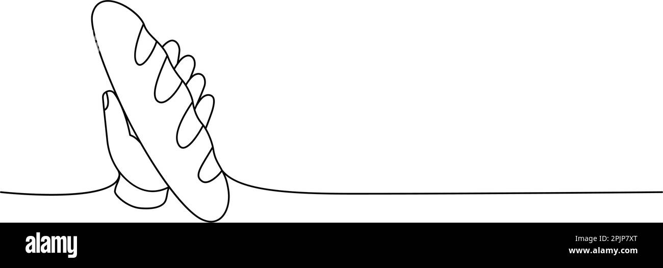 Hand holding bread one line continuous drawing. Bakery pastry products ...