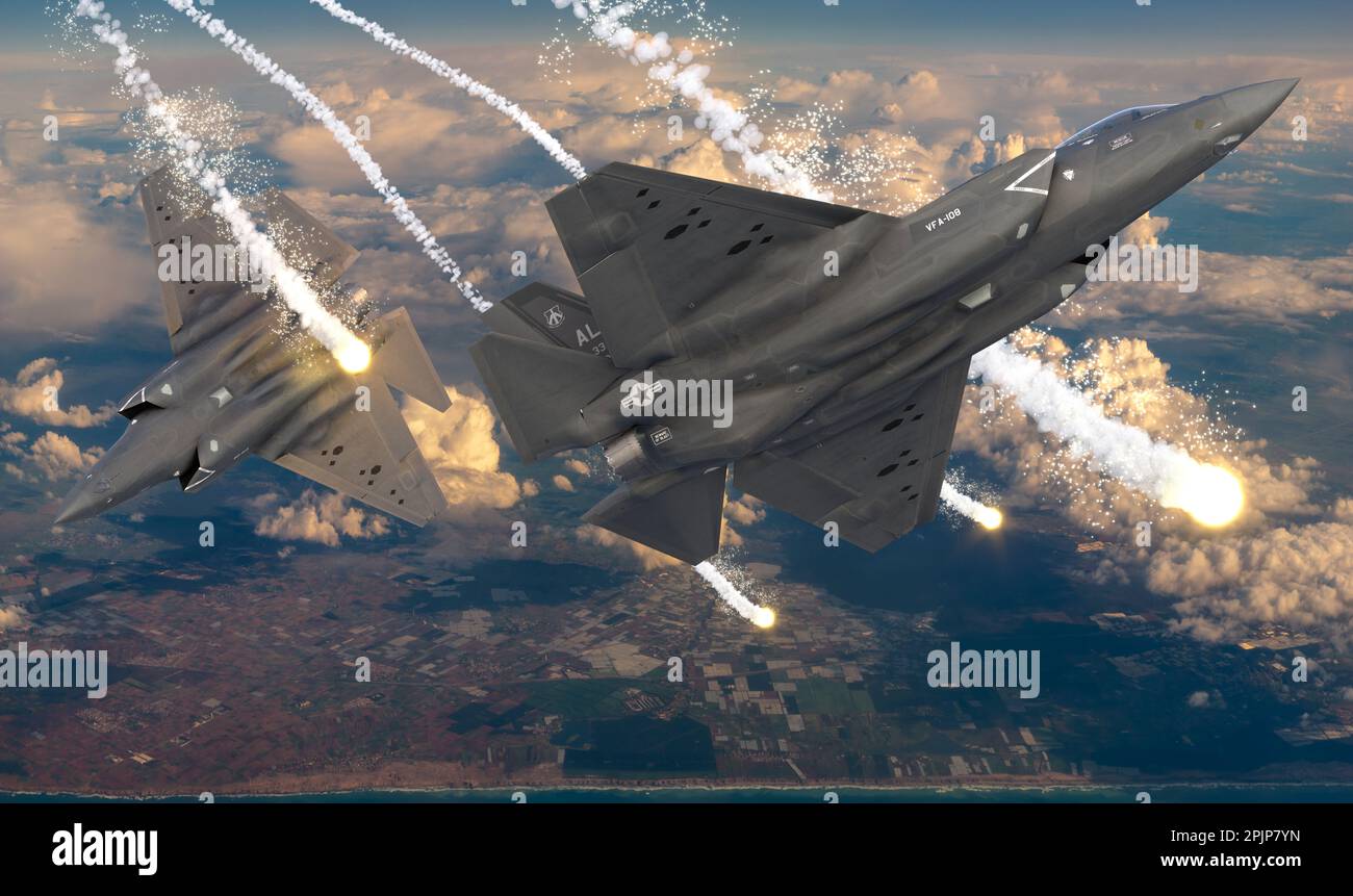 A pair of Lockheed Martin F-35 Lightning II aircraft during a defensive ...