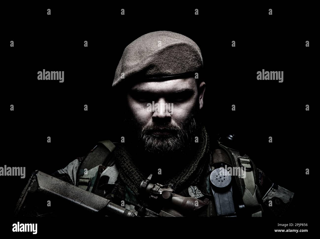 Close up portrait of bearded commando fighter, army special forces ...