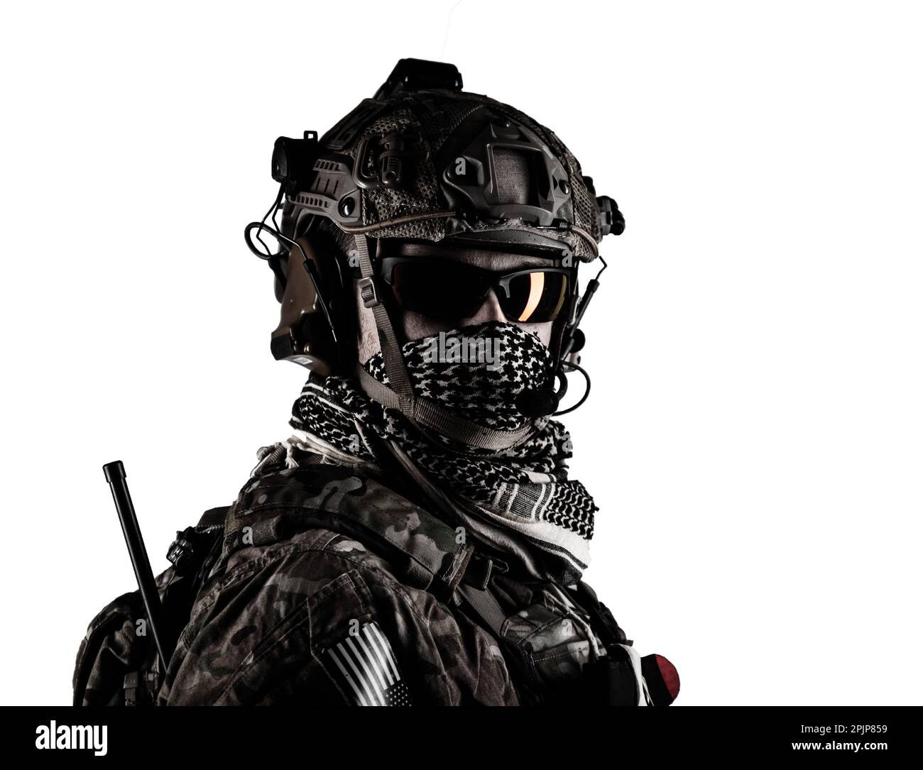 Low angle close-up shot of a military army soldier in camouflage ...