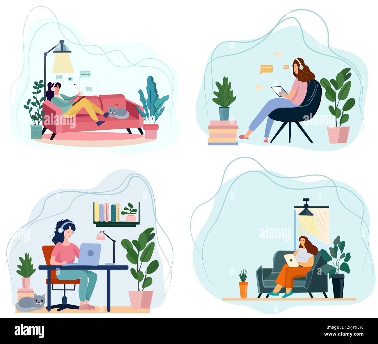 A depiction of the home office theme, with a woman engaged in remote ...