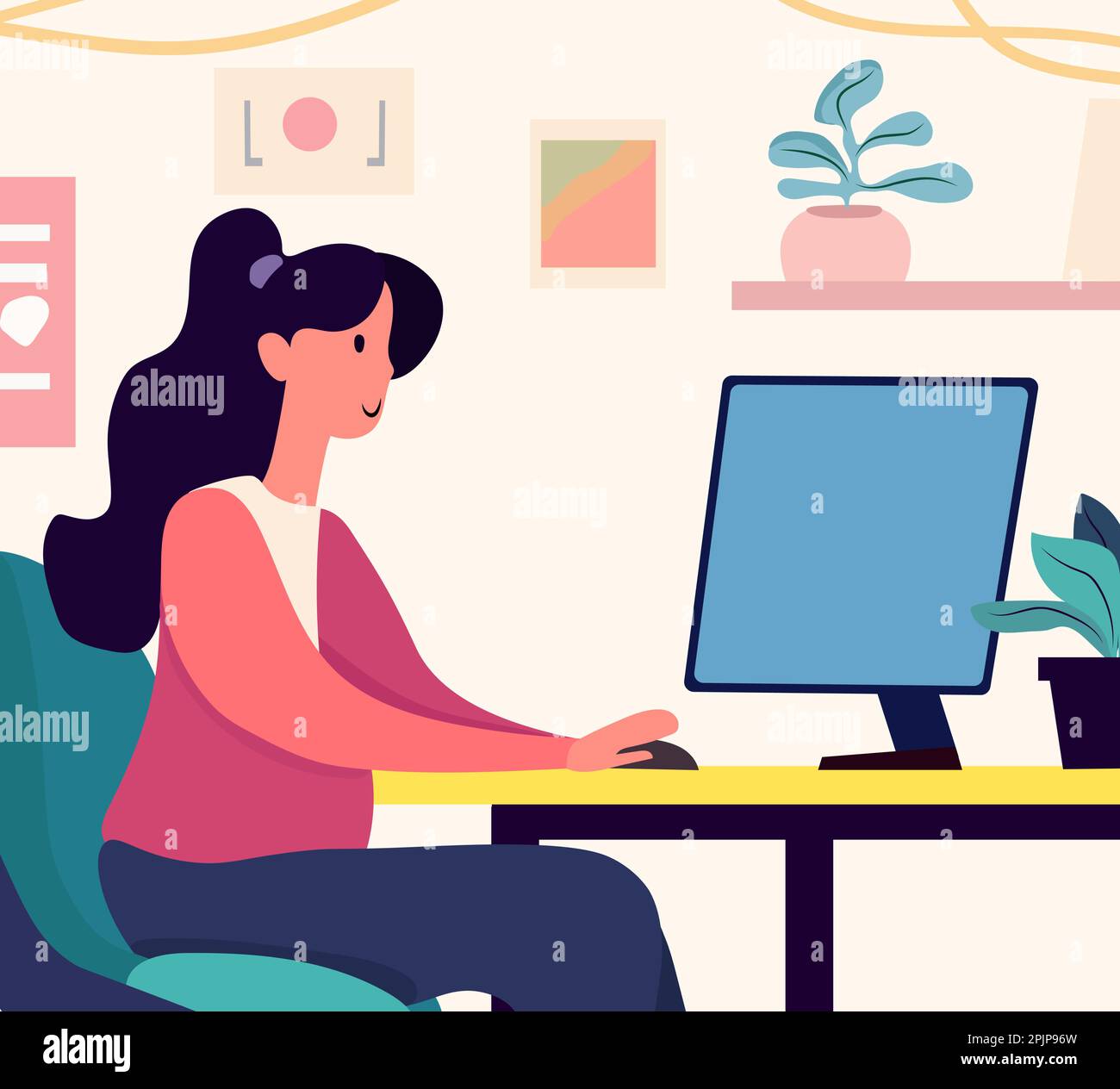 A woman efficiently working in her home office setting, sitting at her workspace, and actively ...