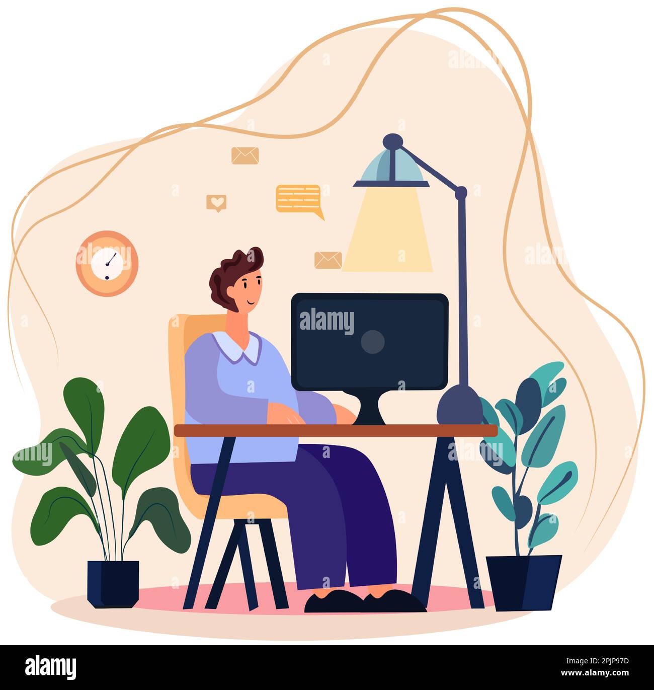 A depiction of the home office theme, featuring a man working remotely ...