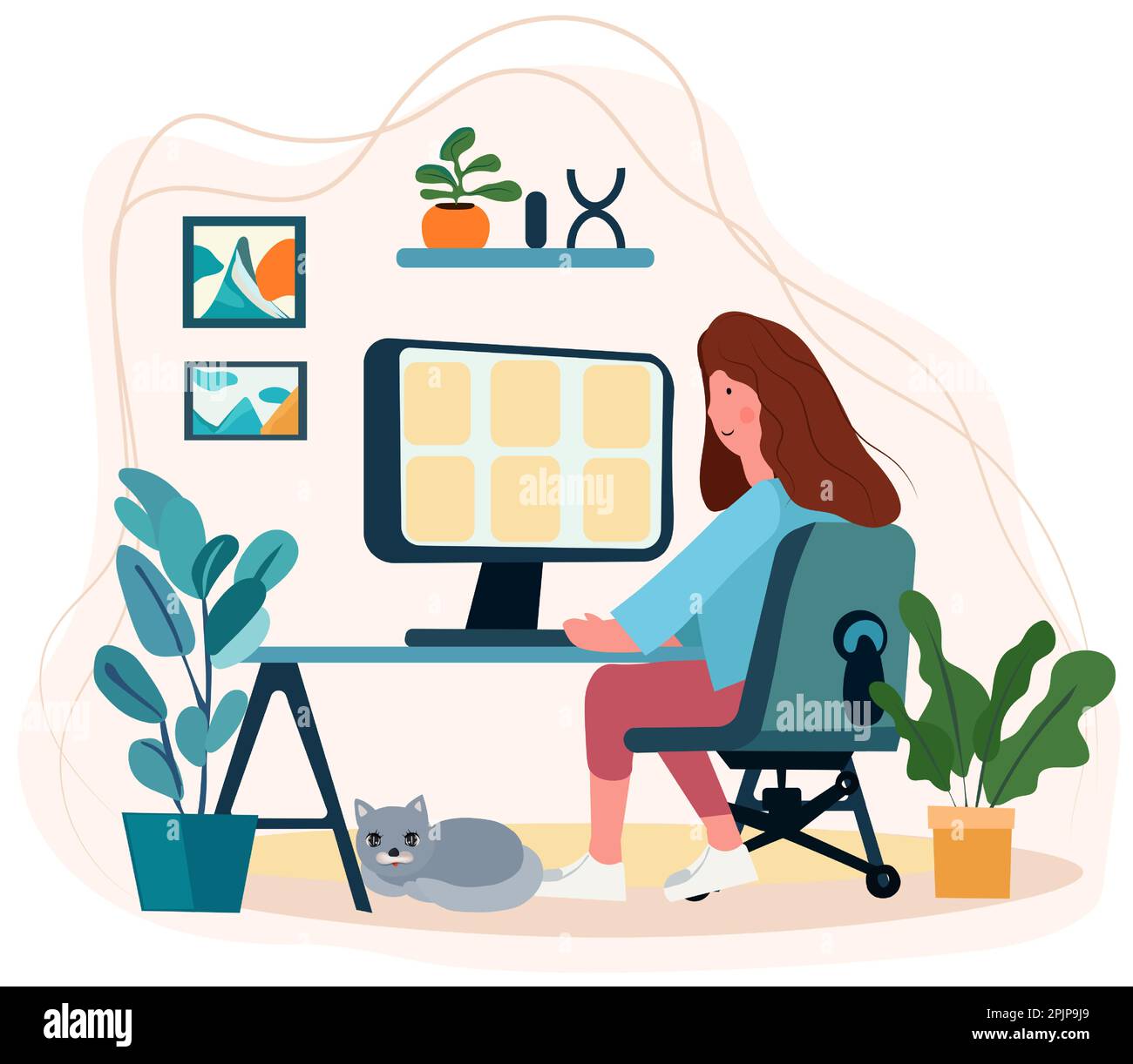 A woman efficiently working in her home office setting, sitting at her workspace, and actively ...