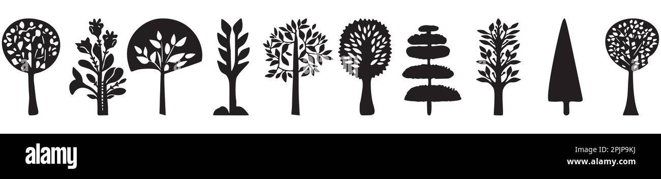 Monochrome forest tree bordure, edging of woodland trim for botanical ...