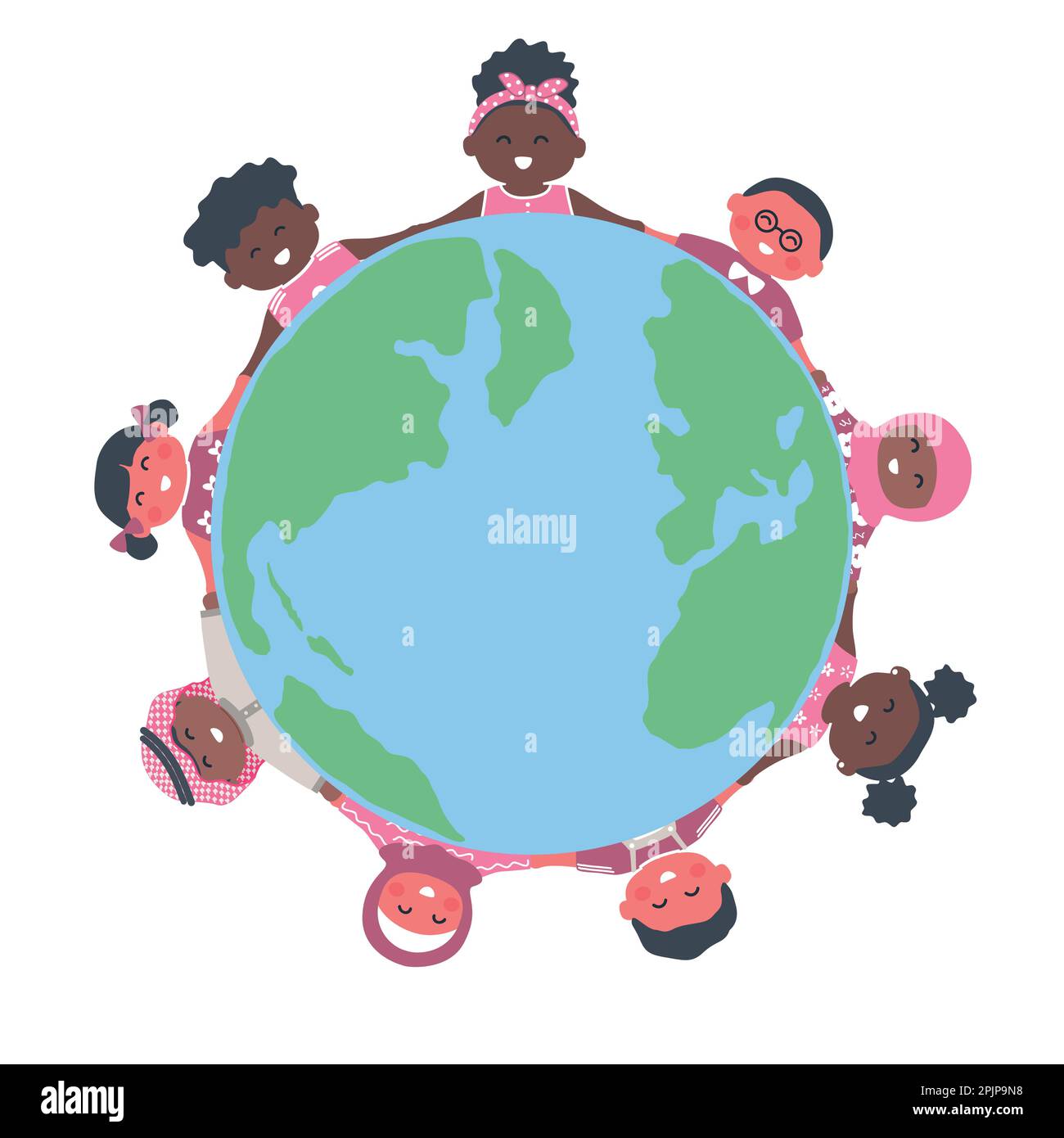 Children around the map of world. Multicultural group of kids. Happy ...