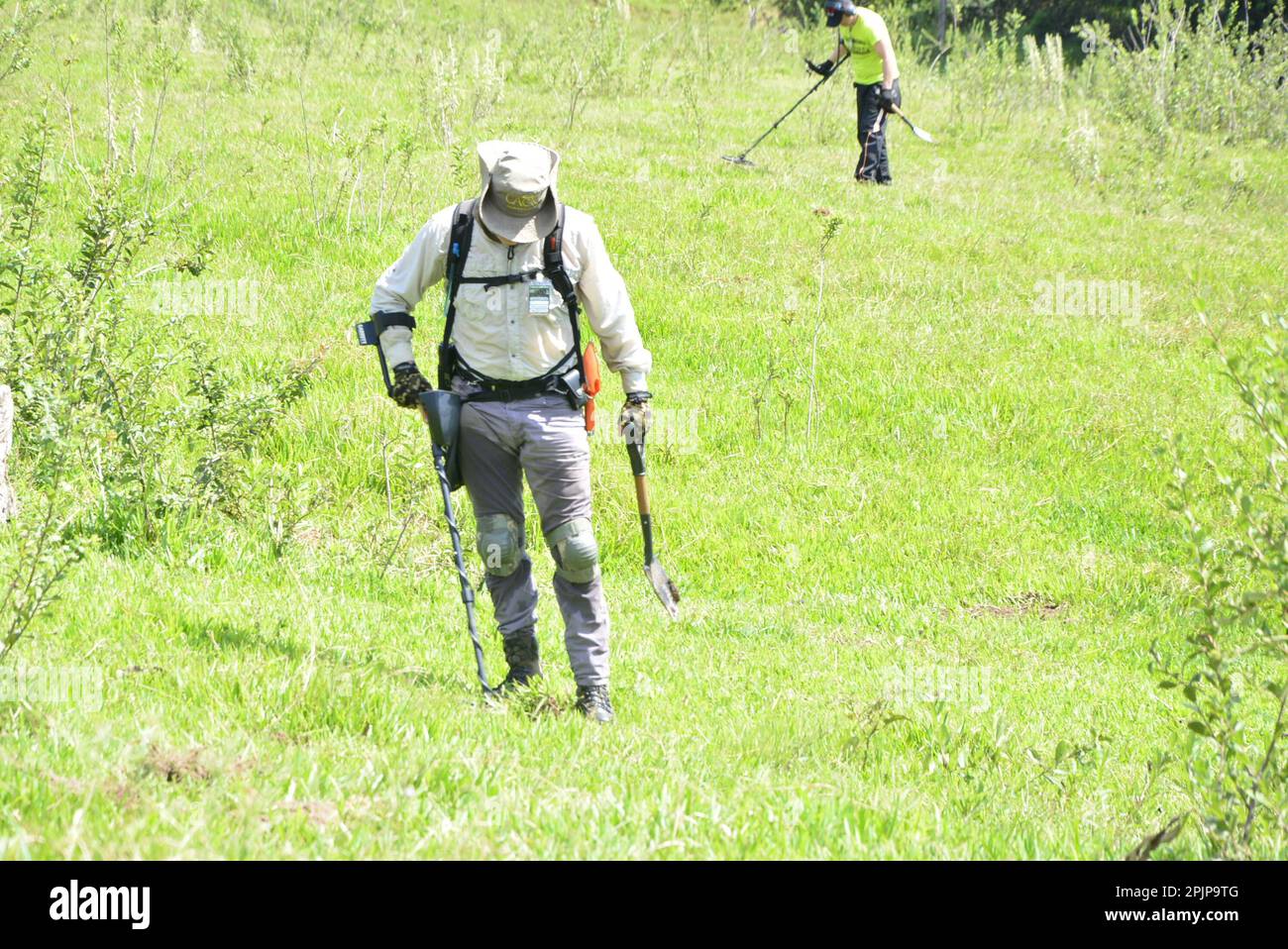 Men in detectorism championship using metal detector in a grass field ...