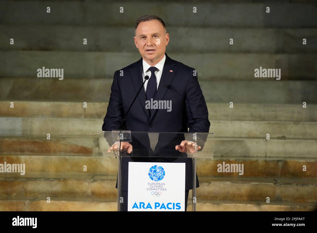Polish President Andrzej Duda delivers his speech during the Flame of ...
