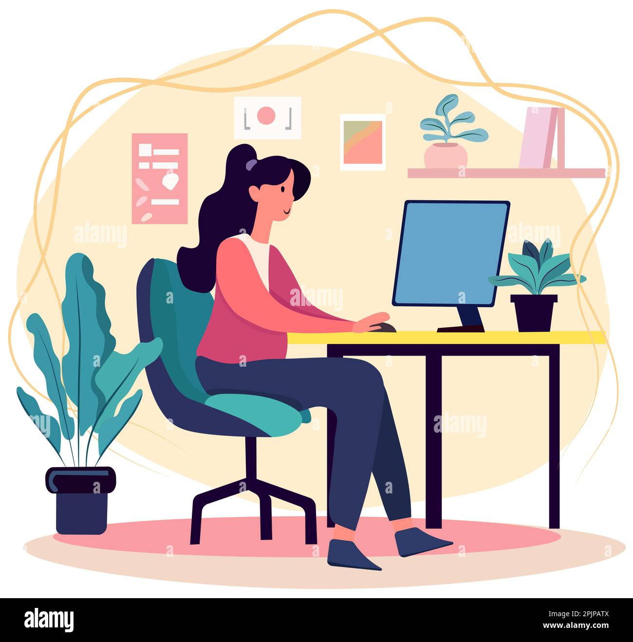 A depiction of the home office theme, with a woman engaged in remote ...