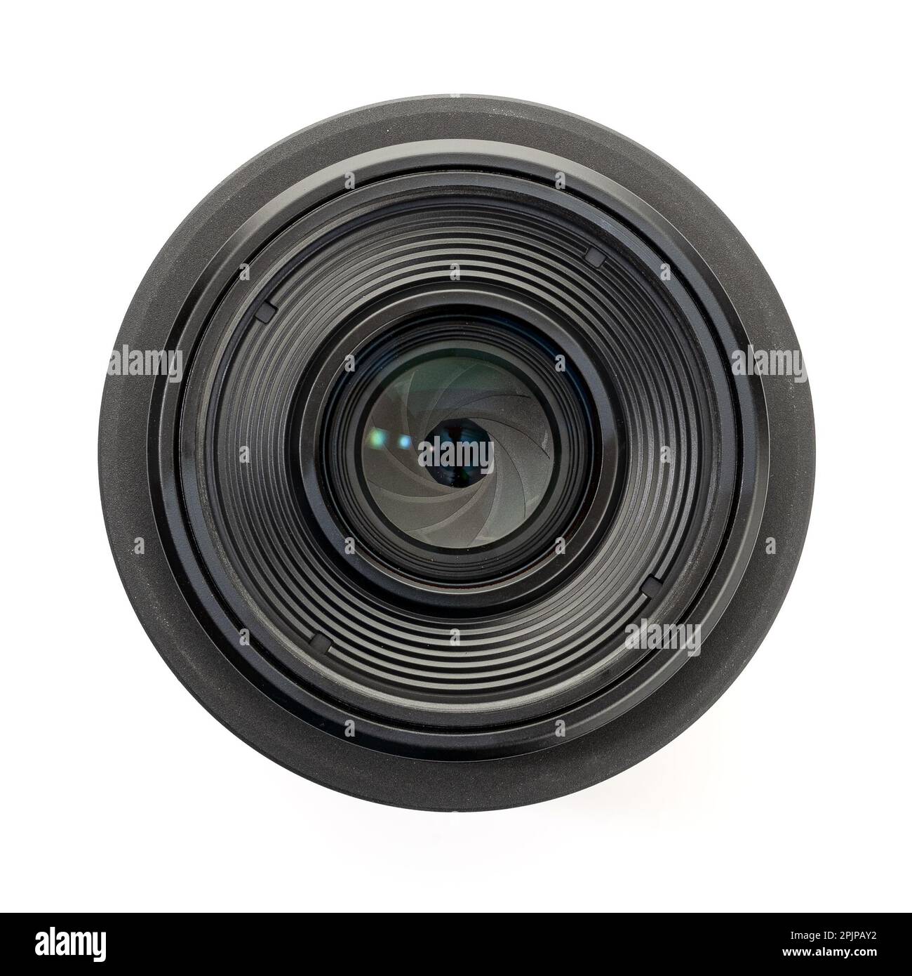Front view of a modern photo camera lens isolated on white background ...