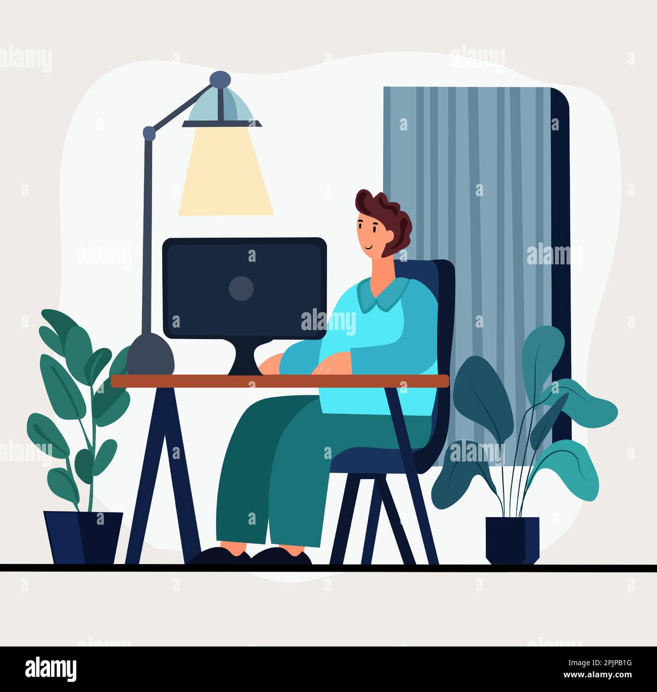 A depiction of the home office theme, featuring a man working remotely ...