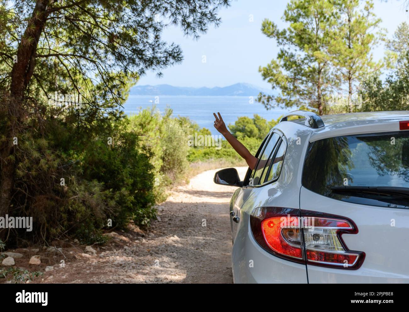 A woman waving her arm in greeting from a car window, passing by lush ...