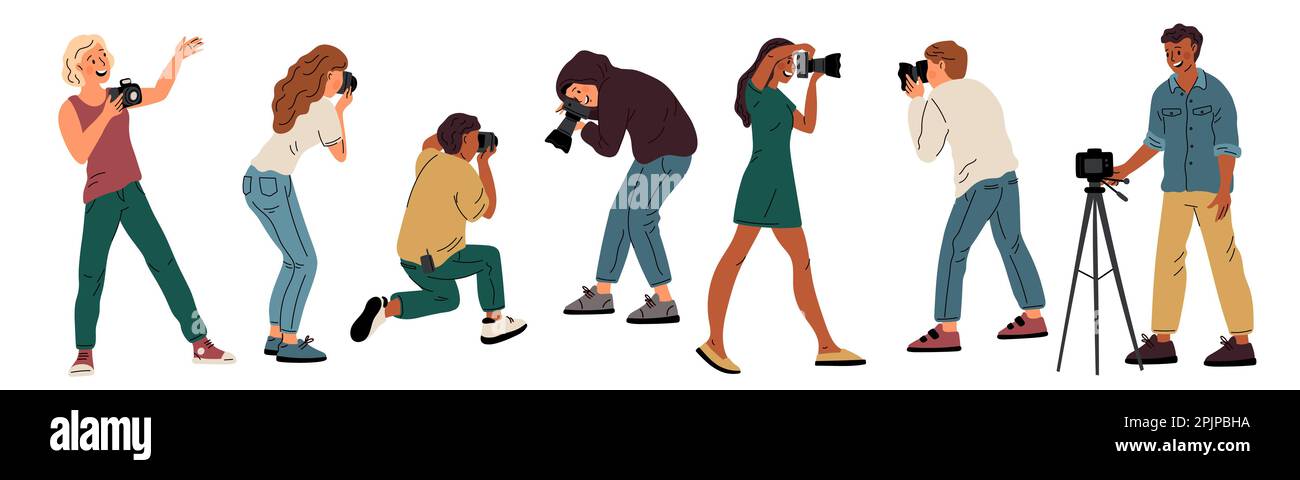 Professional photographers. People with cameras in different poses ...