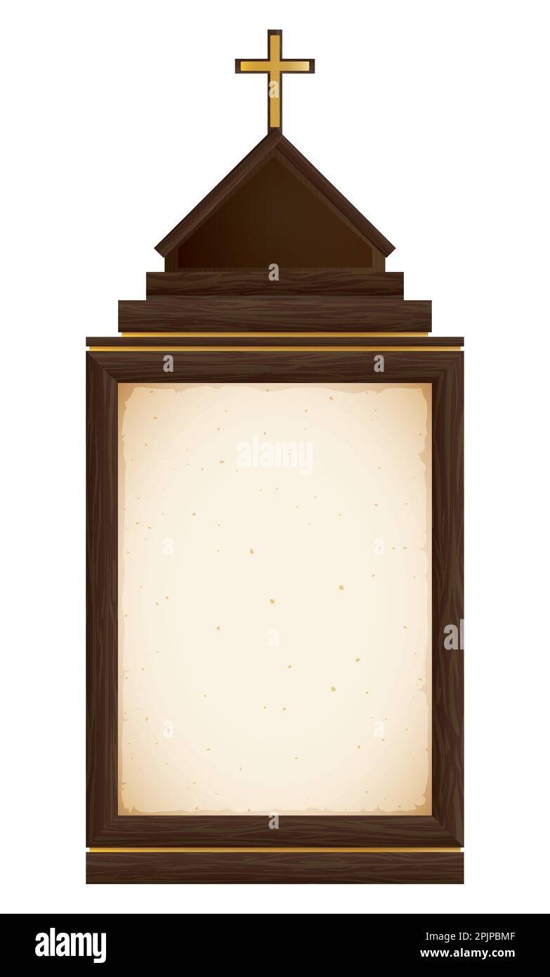 Religious template with blank scroll, wooden frame and golden cross on ...