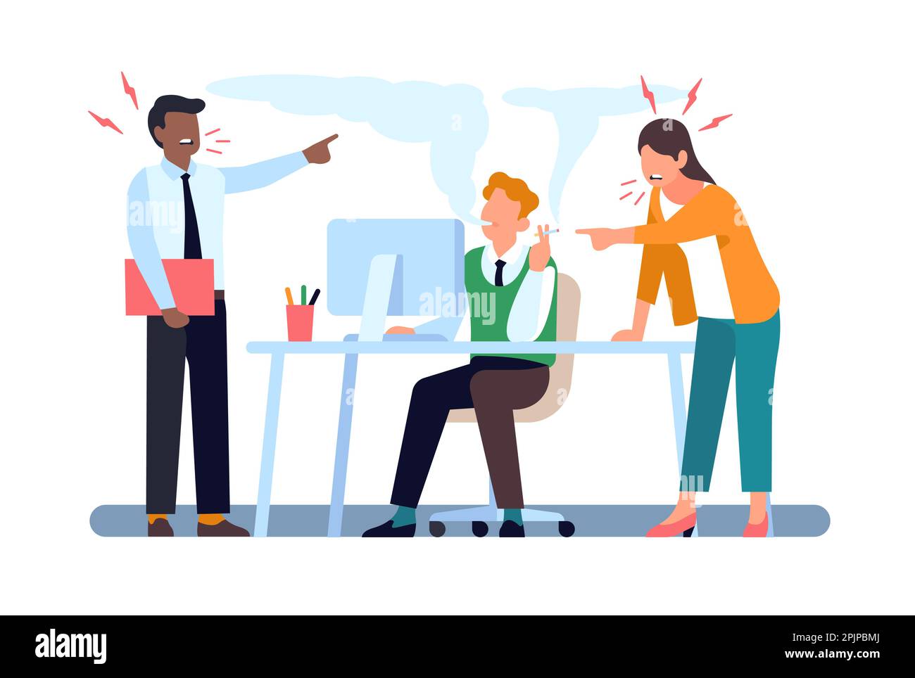 Stop smoking. Employees are angry at colleague with cigarette. Office ...