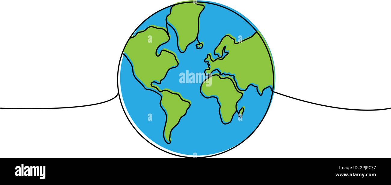 World map silhouette colored one line continuous drawing. World ...
