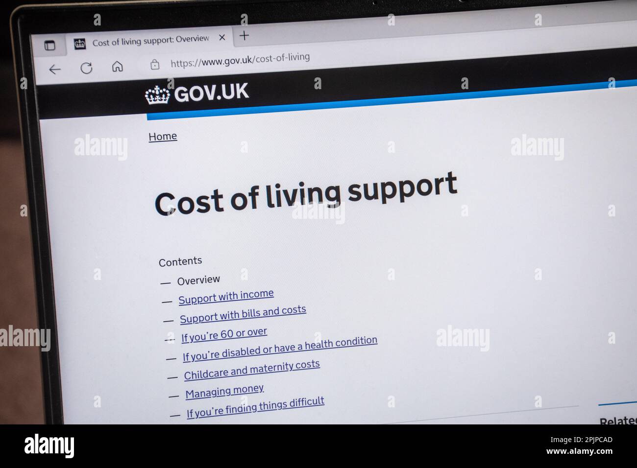 Gov.uk website guidance on Cost of Living Support on computer screen ...