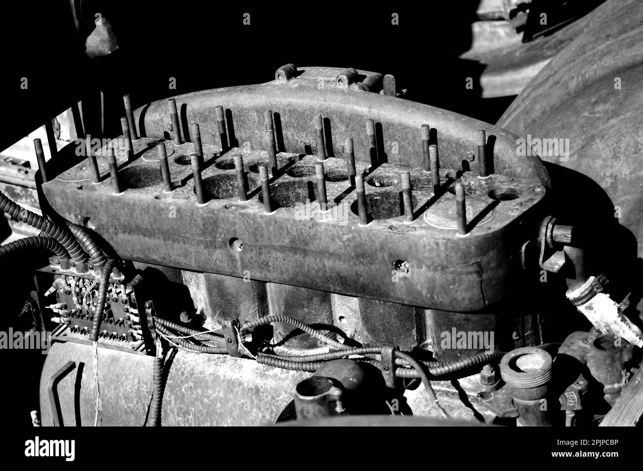 Old rusty engine block without head in black and white Stock Photo - Alamy