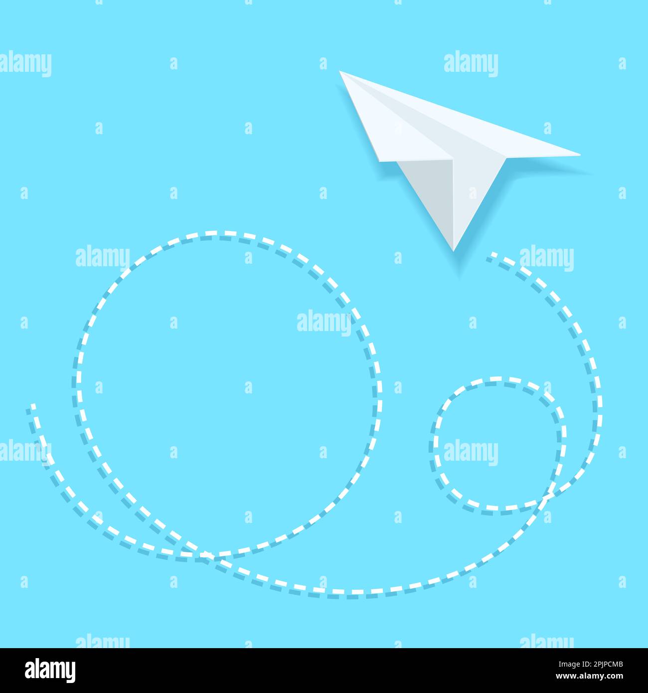 Paper plane flying on blue. Route of aircraft in form of dotted line ...