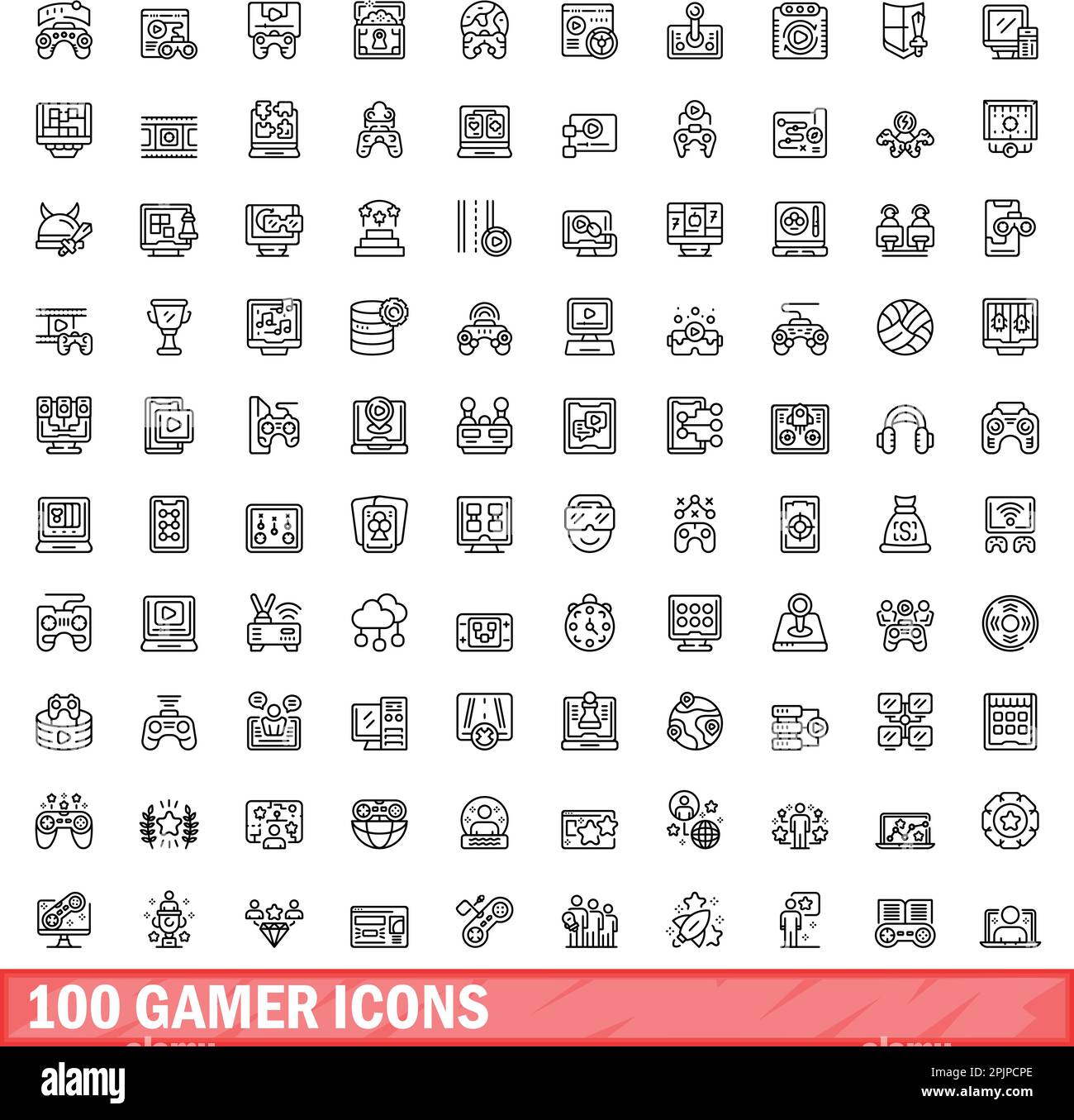 100 gamer icons set. Outline illustration of 100 gamer icons vector set ...