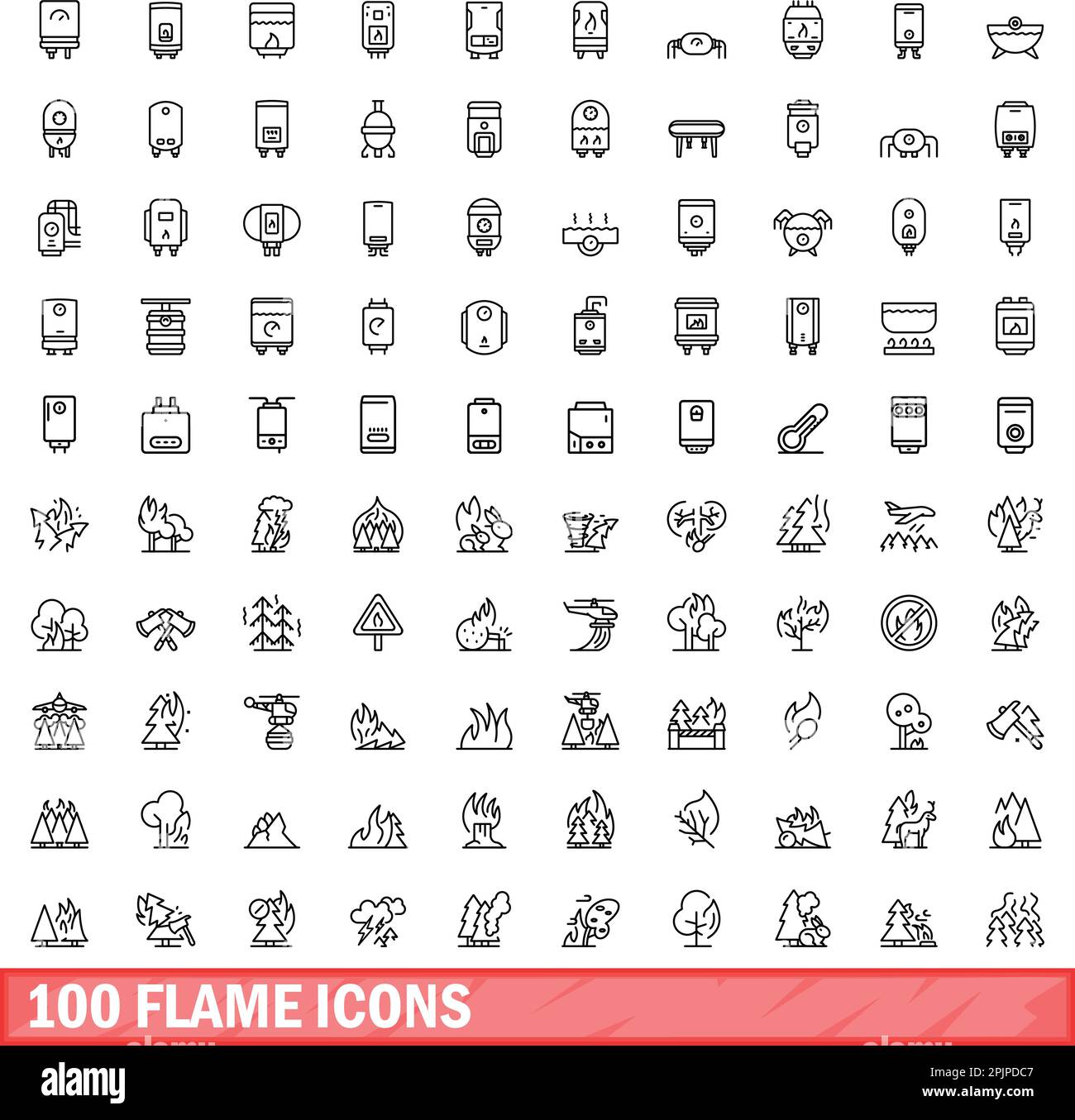 100 flame icons set. Outline illustration of 100 flame icons vector set ...