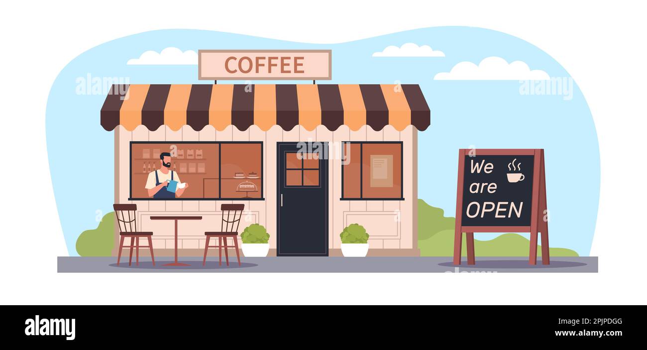 Facade of cafe with tables on terrace and inscription we opened ...