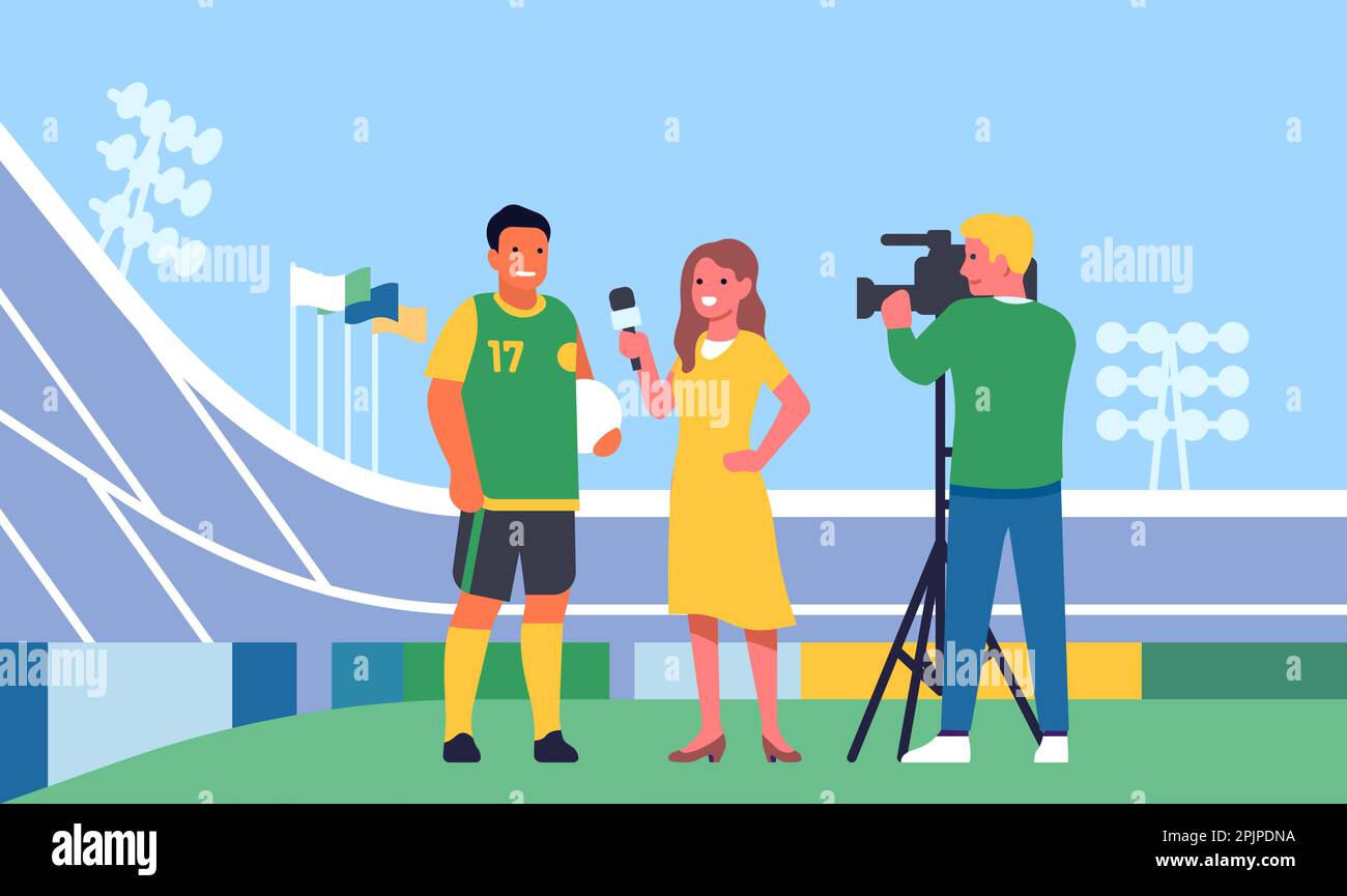 Female journalist with cameraman interviewing soccer player athlete ...
