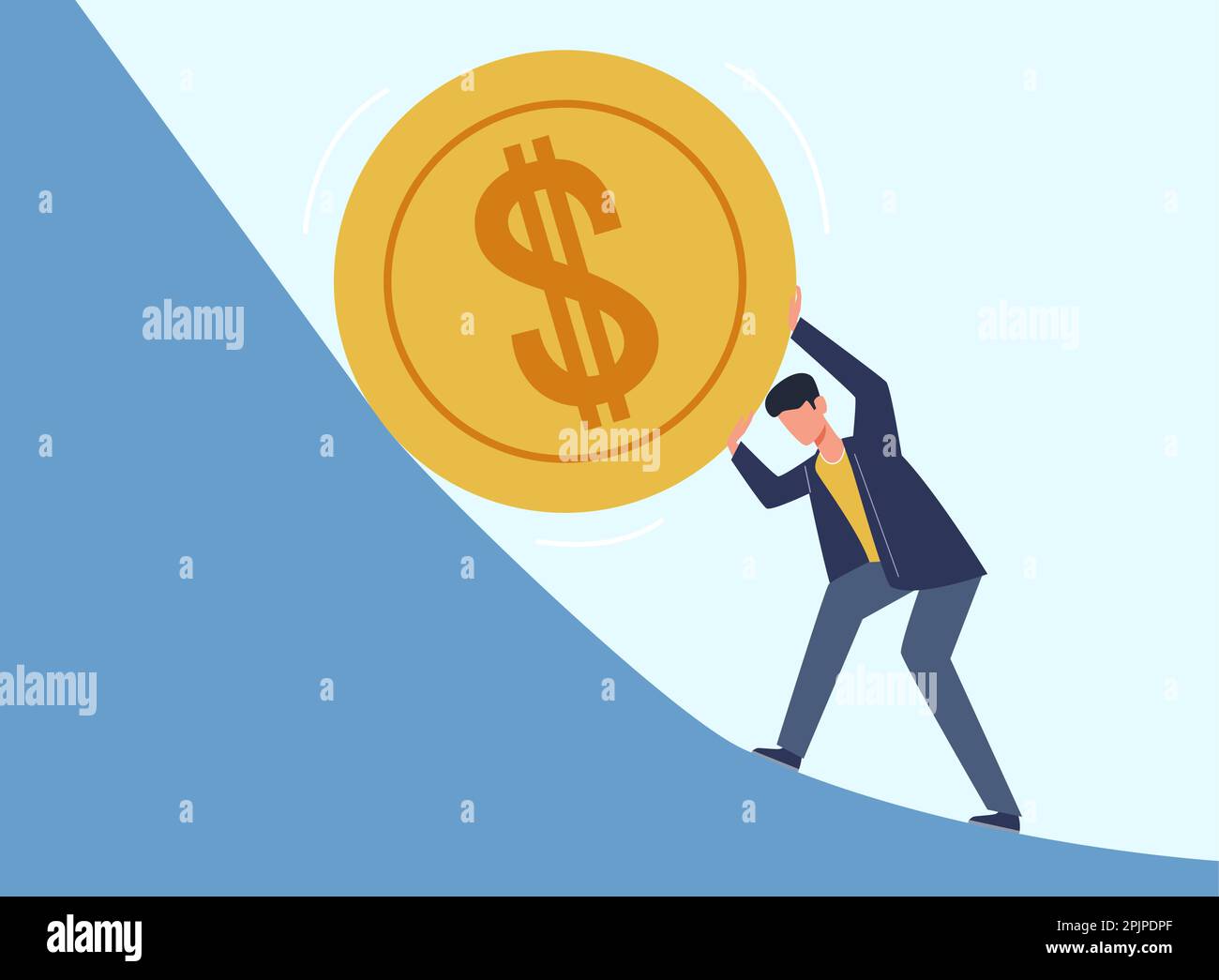 Hard start in business, businessman pushes big dollar coin up. Growth ...