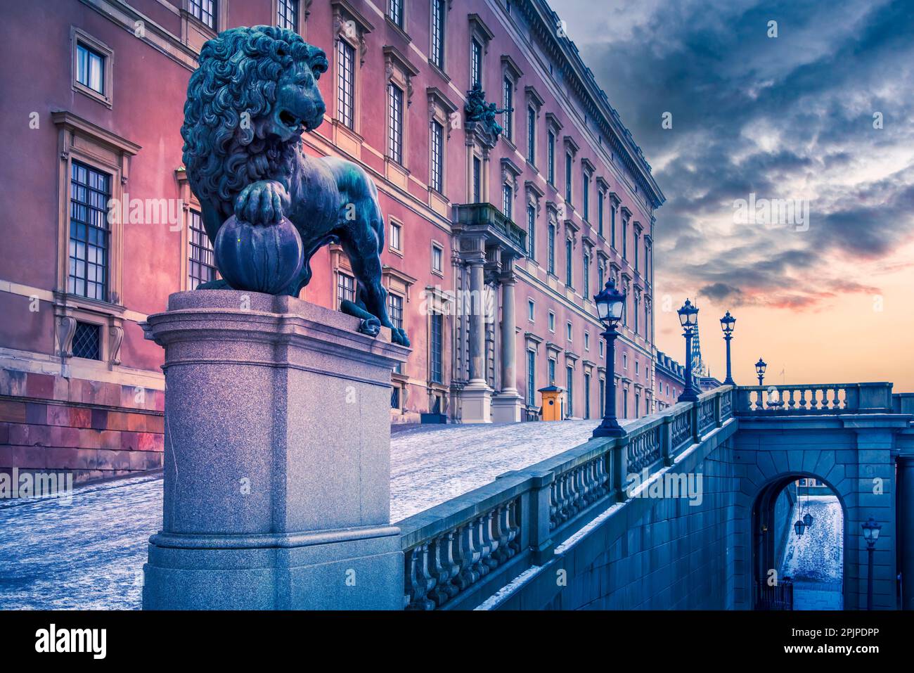 Stockholm, Sweden. The lion sculpture is a majestic bronze statue ...