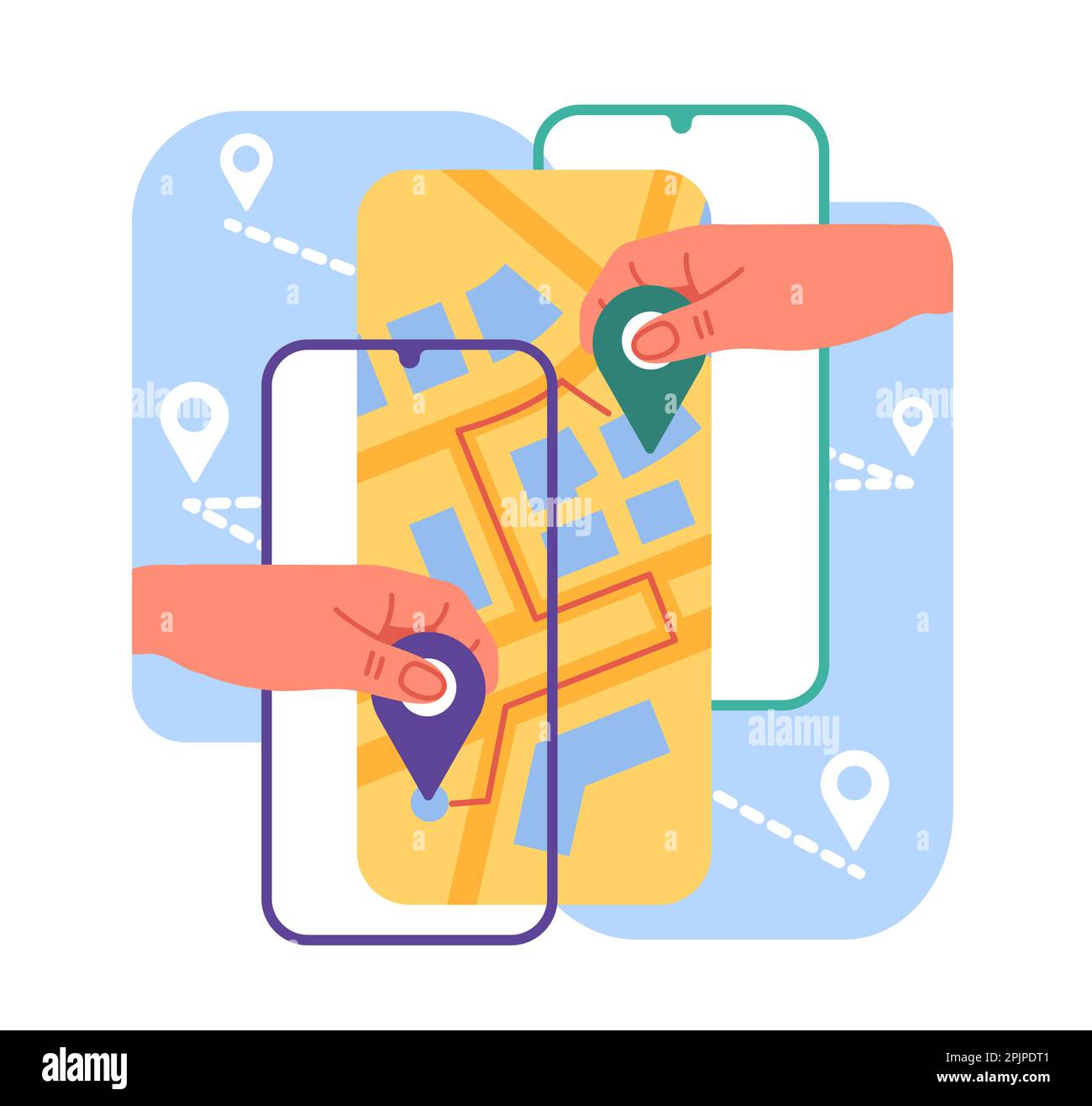 Hands put geometric on route of city map. Online navigation. Smartphone ...