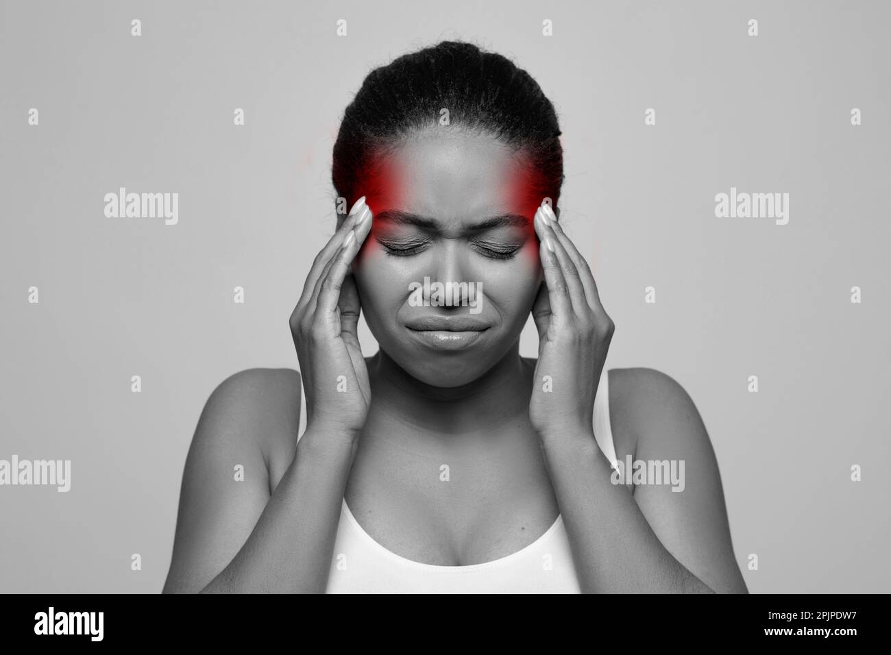 Black and white photo of african woman touching temples Stock Photo - Alamy
