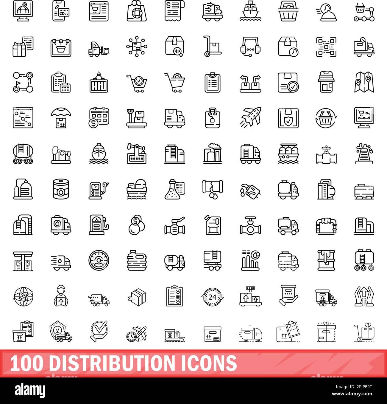 100 distribution icons set. Outline illustration of 100 distribution icons vector set isolated ...