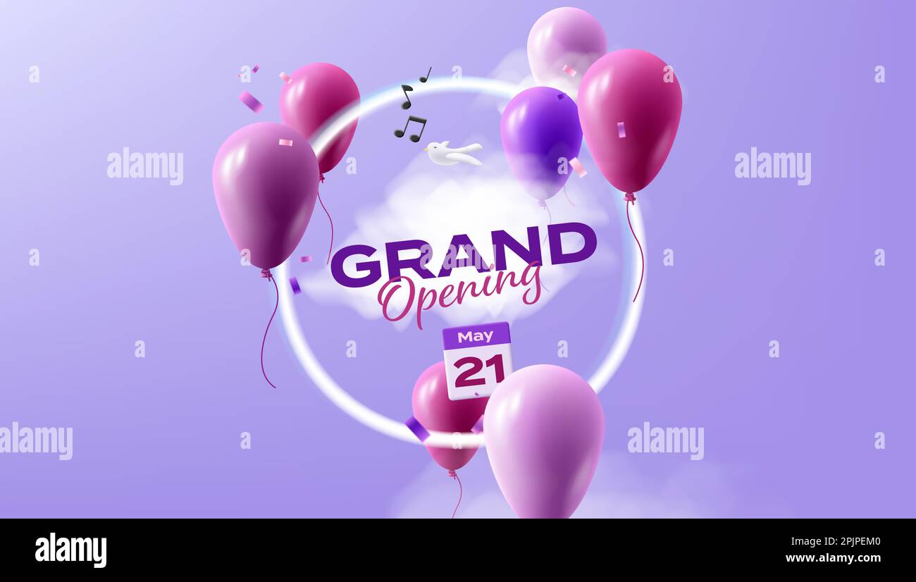 Grand Opening Card with Balloons and neon circle with calendar and date ...