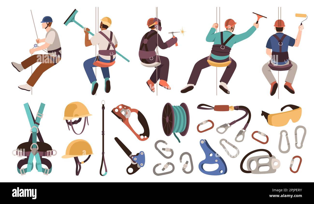 Industrial climbing equipment. Dangerous works people, windows cleaning ...