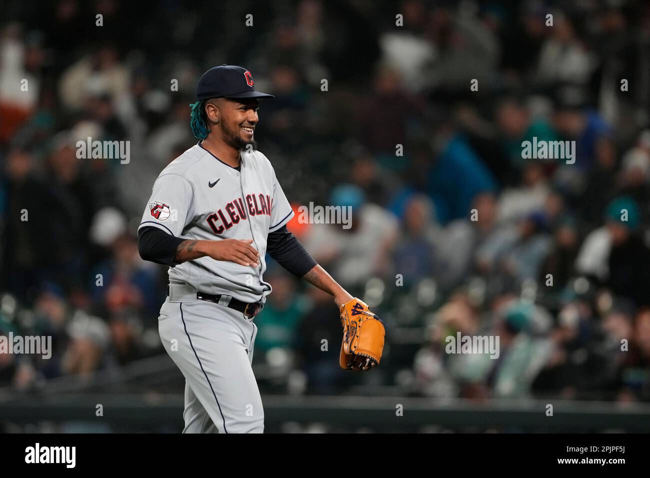 Cleveland Guardians relief pitcher Emmanuel Clase reacts to his team's ...