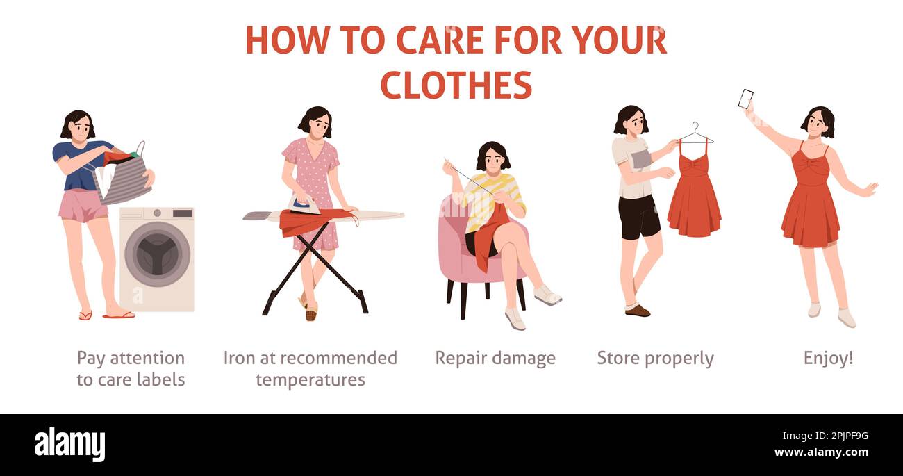 Clothing care. Cute girl takes care of her wardrobe, wear washing ...